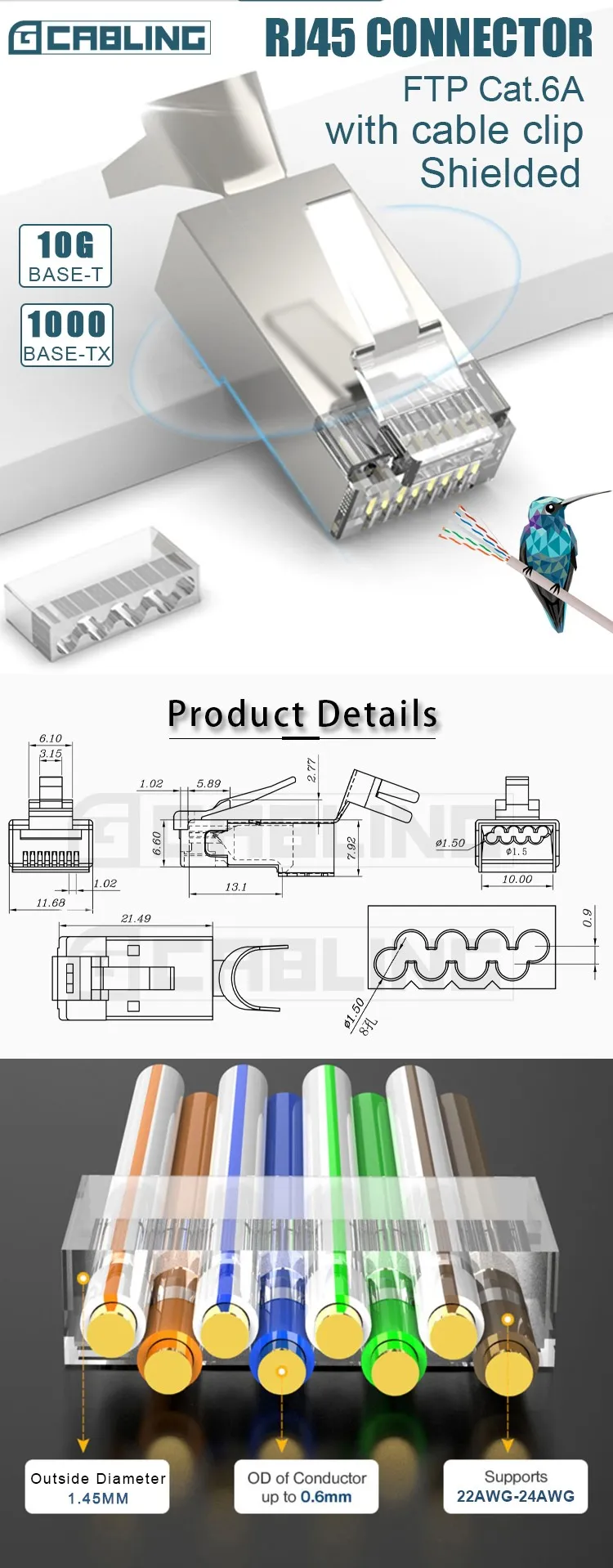 Gcabling Cat6A FTP RJ45 Modular Plug 8P8C Pass Through Network Connector with Wire Clip ...