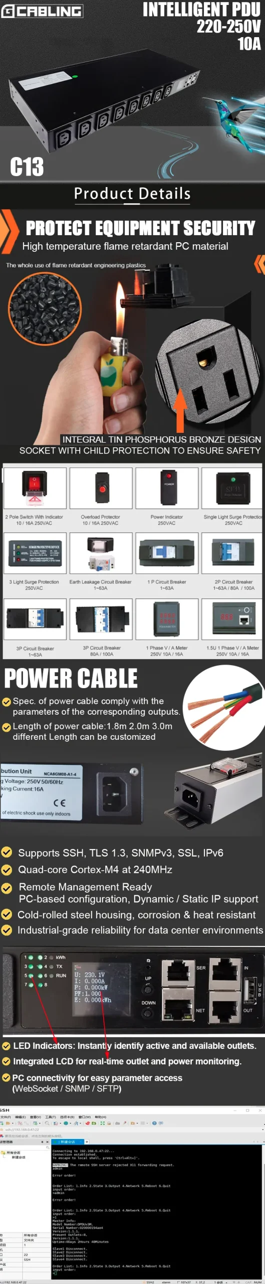 Gcabling 1U 19 Inch 8 Port in 1 Port RJ45 Out C13 Intelligent Rack ...